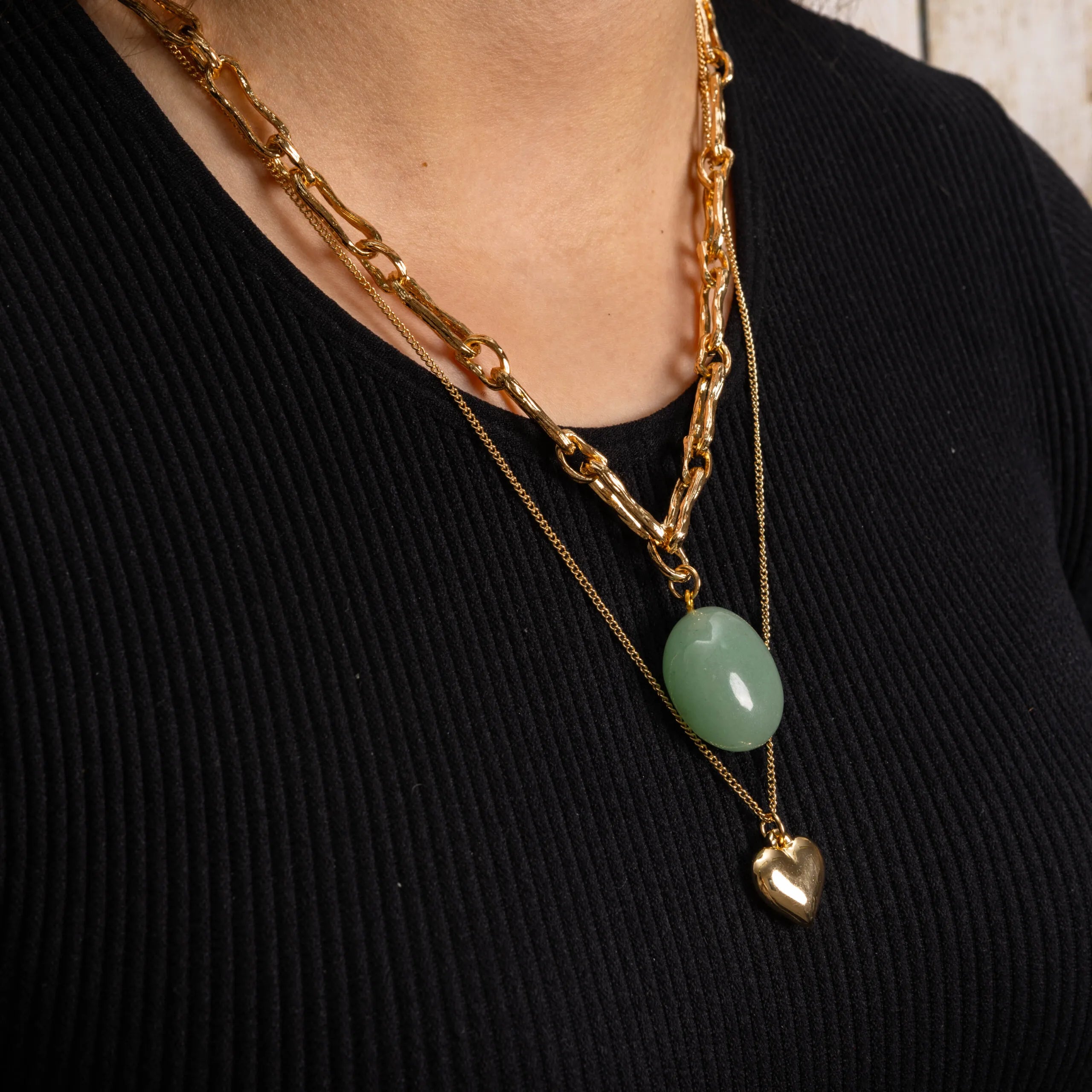 Jess and Lou Layered Necklace in gold- with Green stone and Heart ...