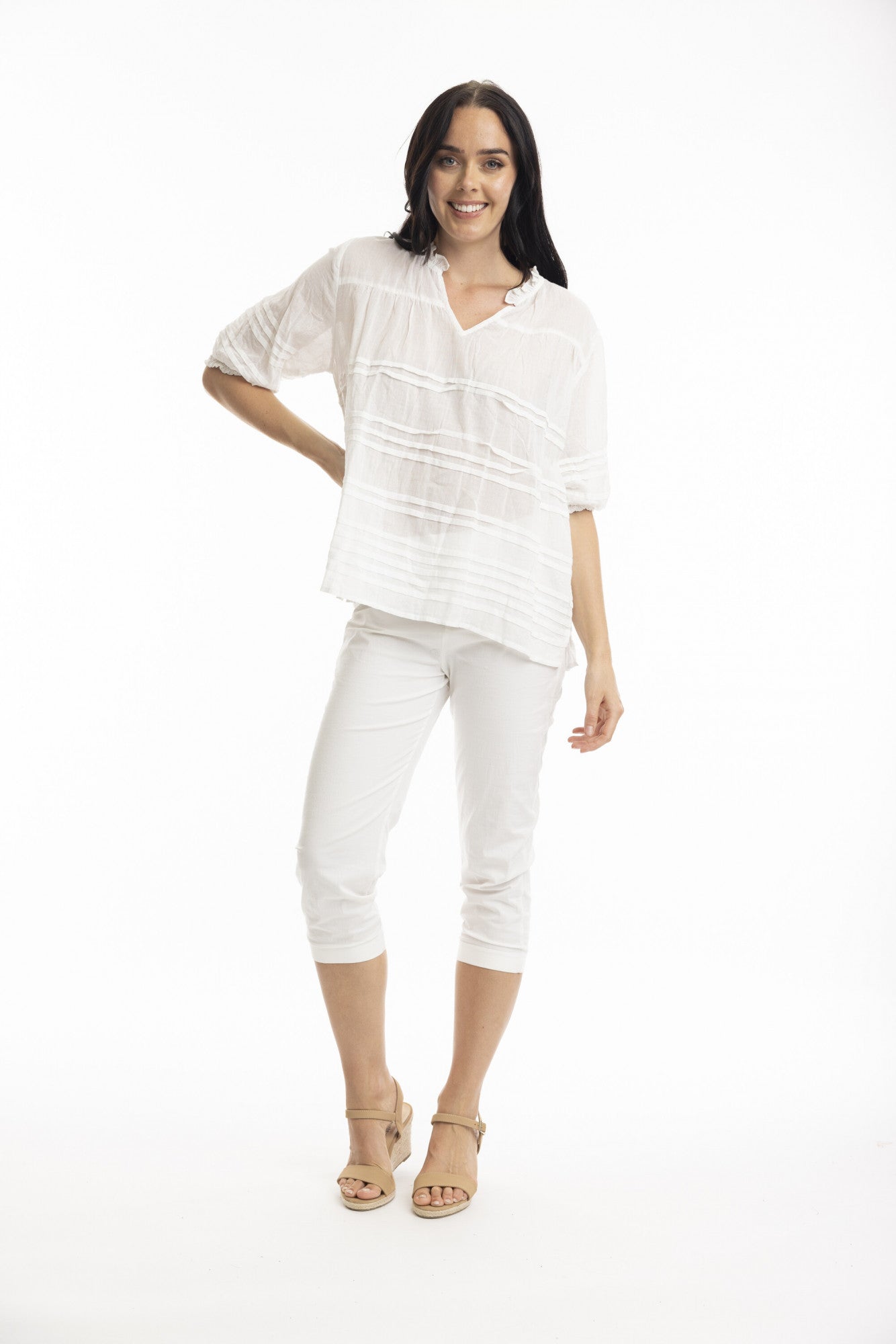Orientique Essentials Cotton Gauze Pleated Top – White finn